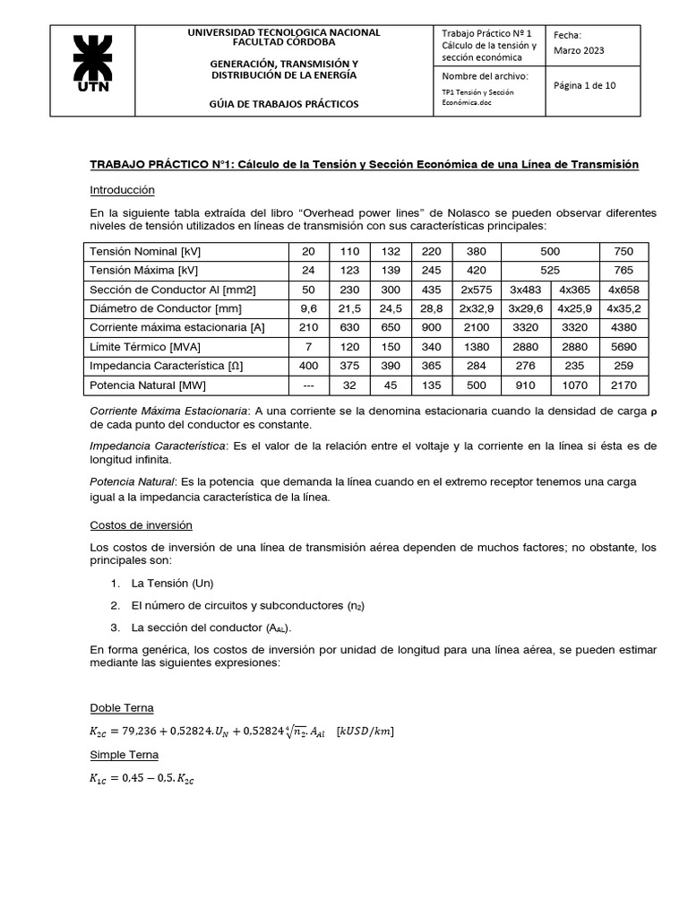 TP1 Tensión y Sección Económica | PDF | Resistencia Eléctrica y ...