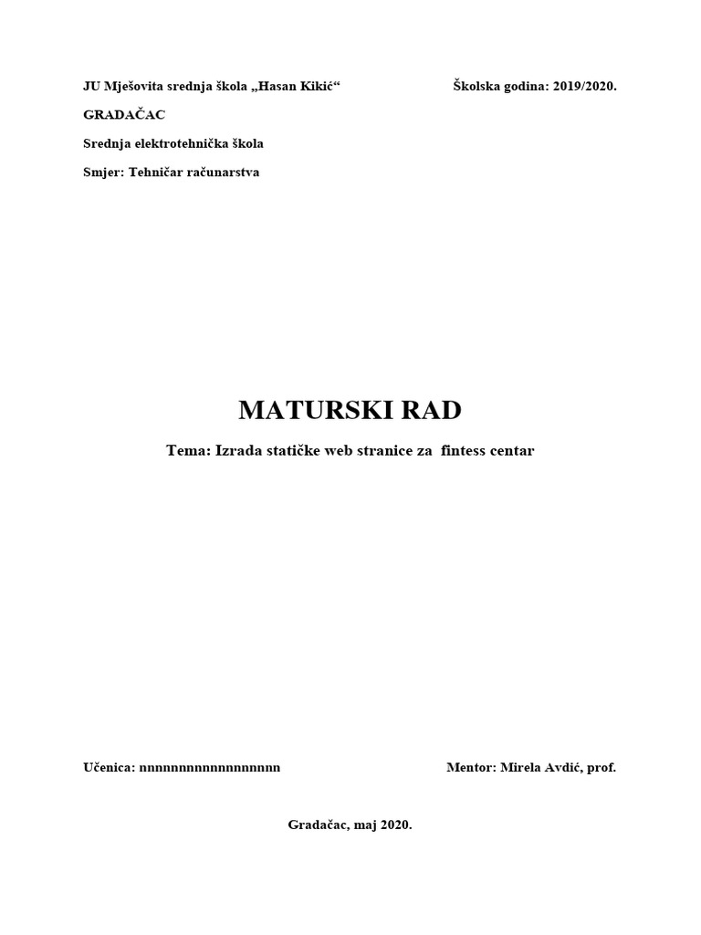 Primjer Kako Treba Izgledati Maturski Rad | PDF