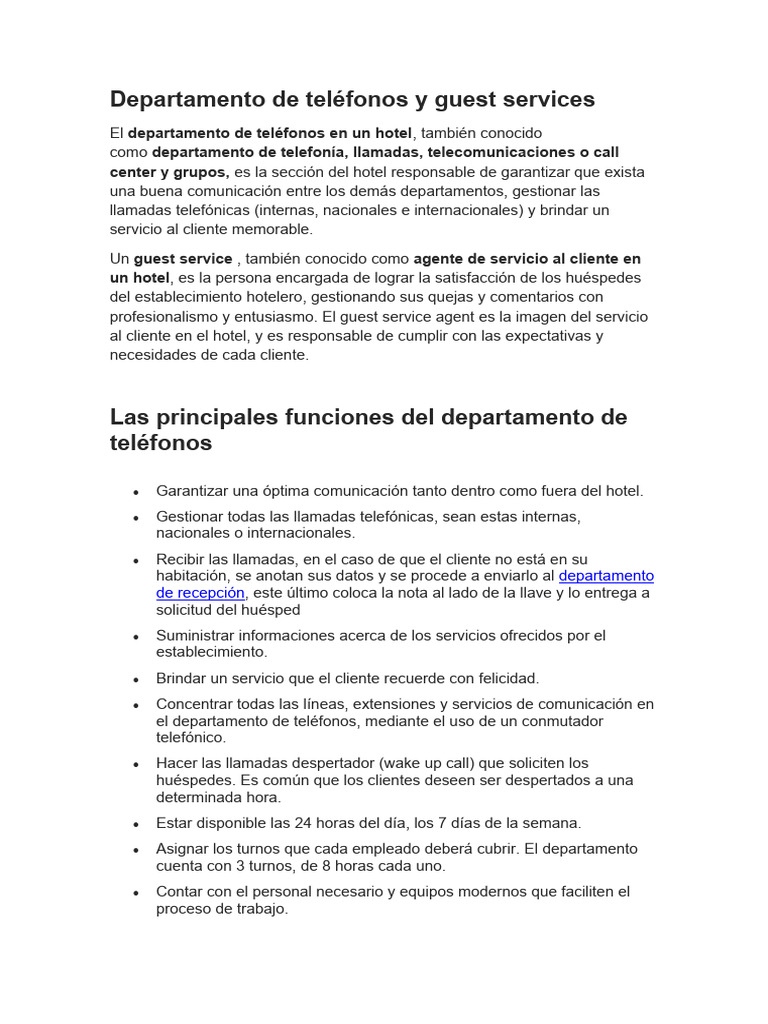 Funciones del Departamento de Teléfonos y Guest Services en Hoteles ...