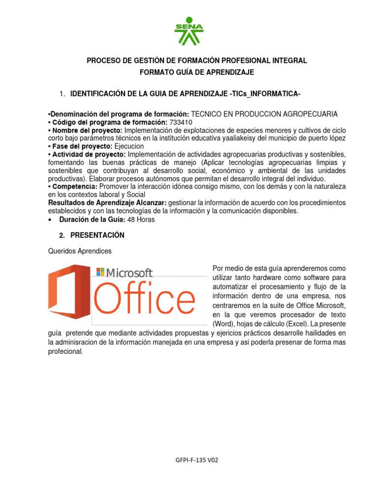 Guía de Aprendizaje en TICs para Agropecuaria | PDF | Microsoft Excel | Aprendizaje