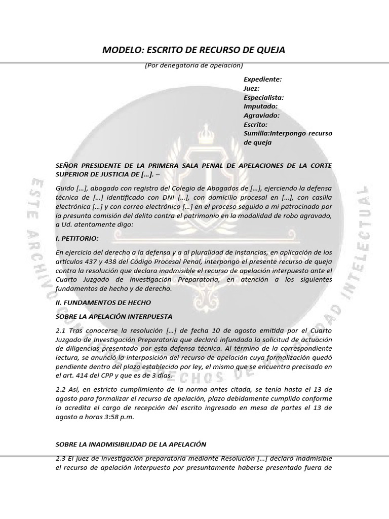 Modelo. Escrito de Recurso de Queja | PDF | Apelación | Ley procesal