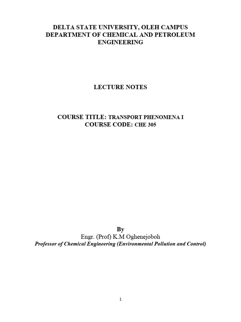 CHE 305 Lecture Notes Updated 1 | PDF | Fluid Dynamics | Acceleration