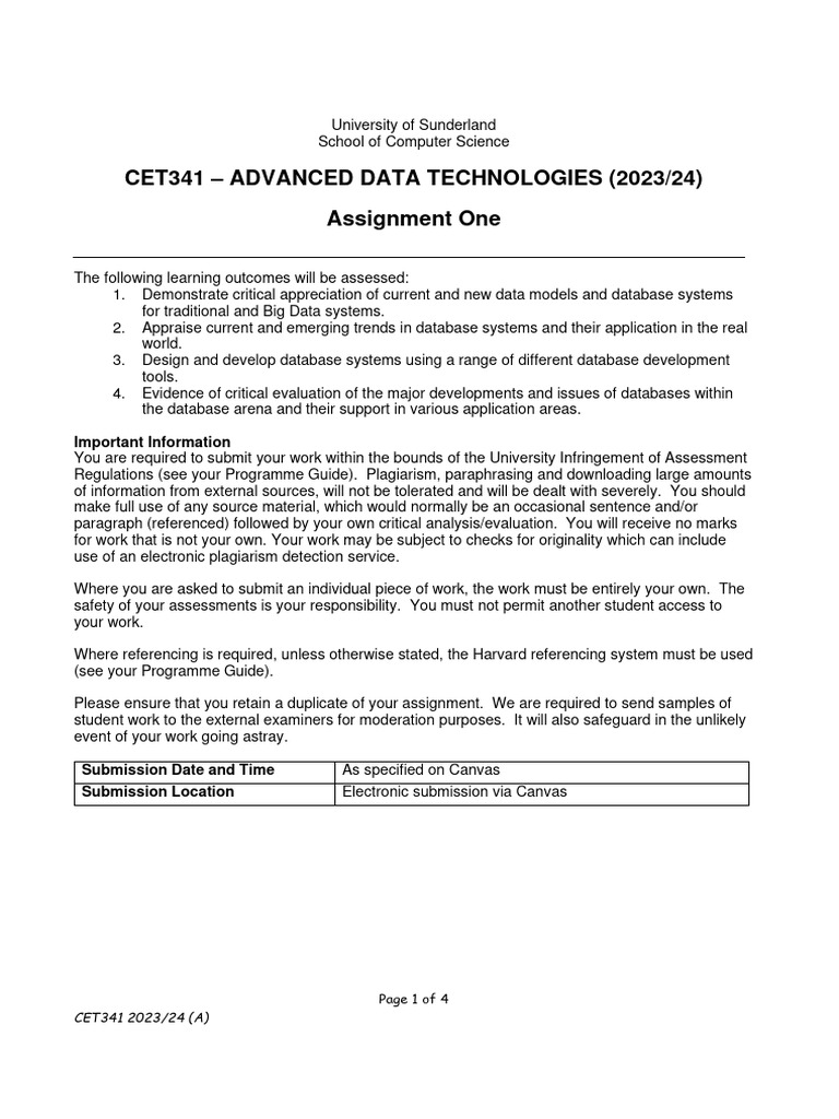CET341 Assignment One 2023 - 24 | PDF | Databases | Plagiarism