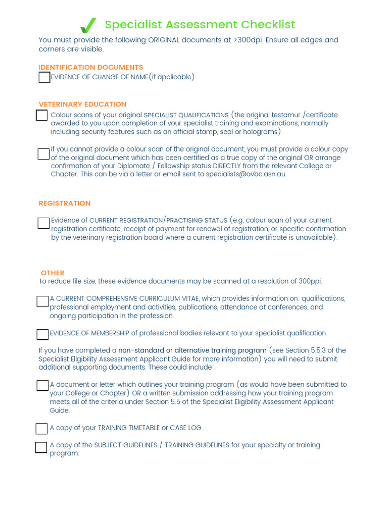 Specialist Assessment Checklist and Document Requirements - V1 | PDF ...