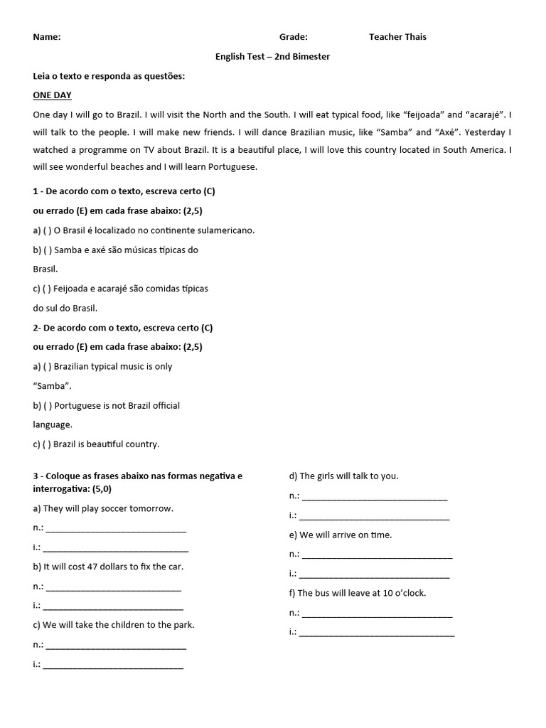 English Test: Brazil Travel Plans | PDF