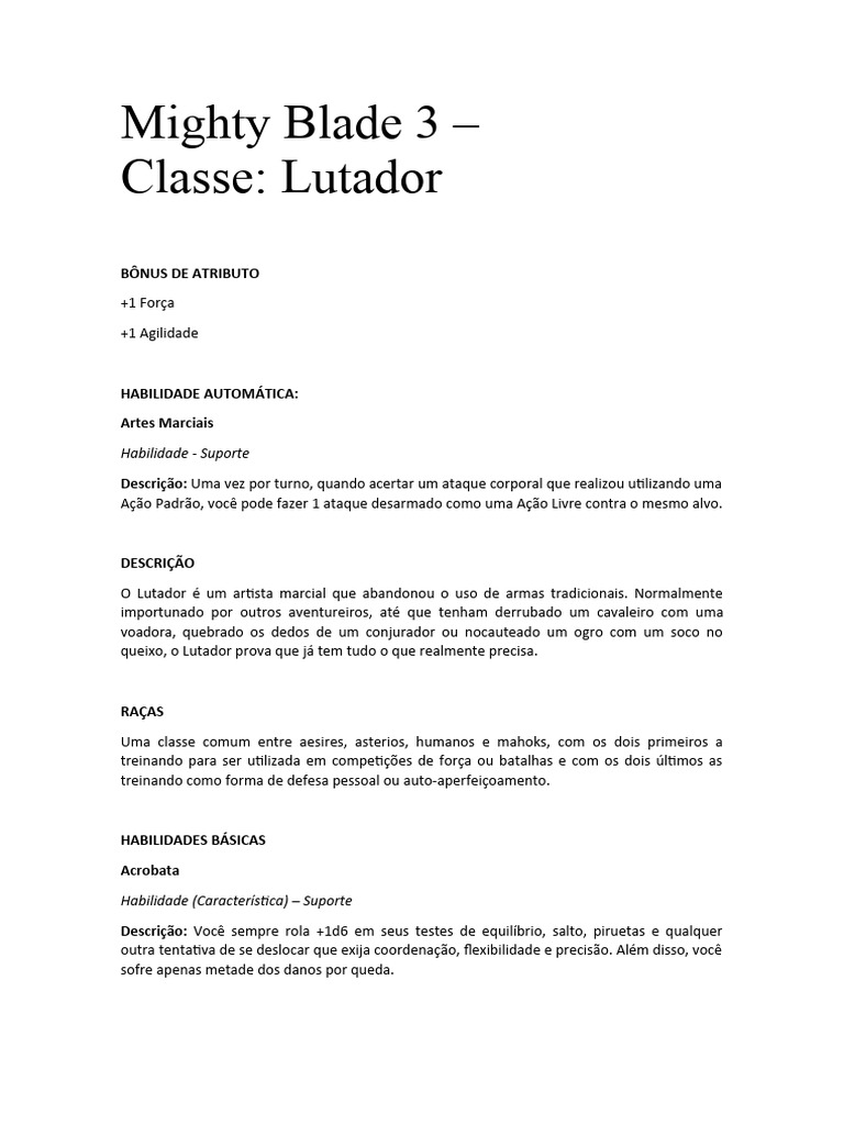 Mighty Blade 3 - Classe Lutador (Adaptado) | PDF | Luta livre profissional