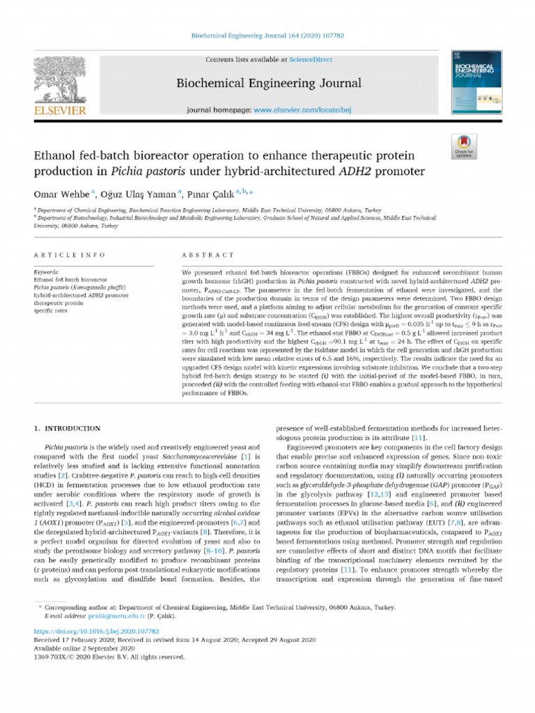 Ethanol Fed-Batch Bioreactor Operation To Enhance Therapeutic Protein Production in Pichia ...