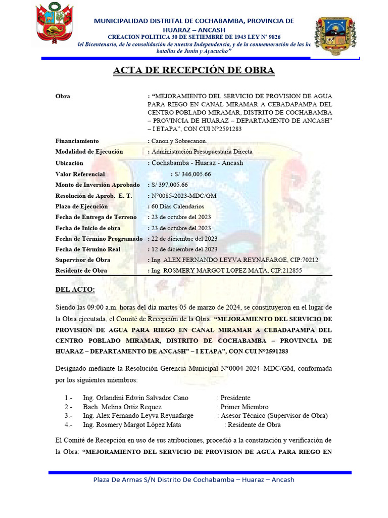 Acta - de Recepcion de Obra - Miramar | PDF | Hormigón | Material compuesto