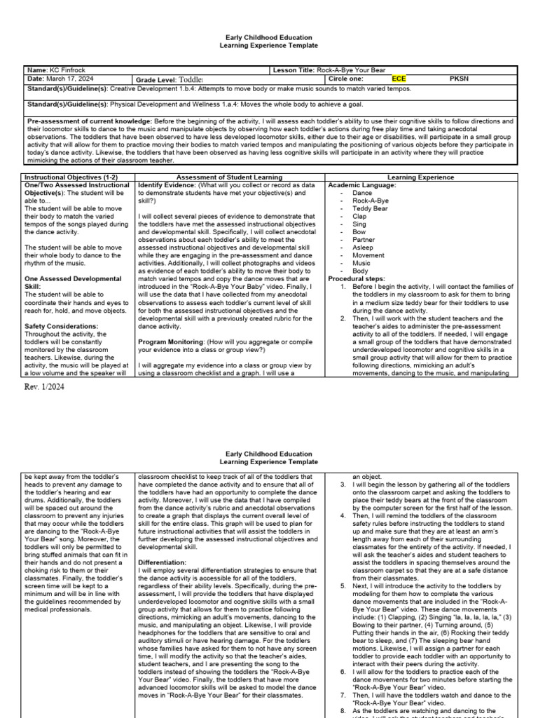 Movement and Dance Lesson Plan | PDF | Teachers | Early Childhood Education