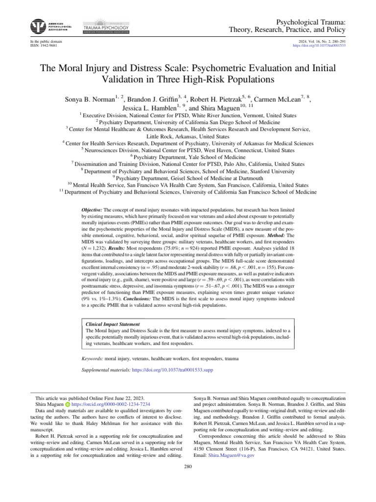The Moral Injury and Distress Scale: Psychometric Evaluation and ...