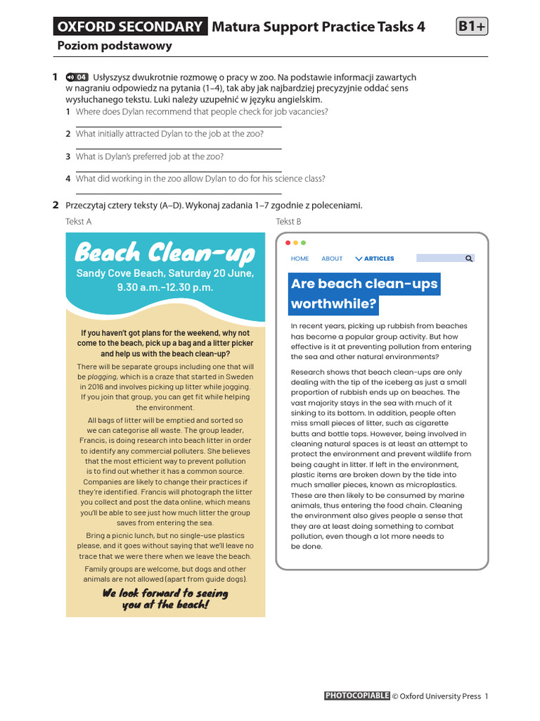 m2023pp b1 Matura Support Practice Tasks 4 | PDF | Natural Environment