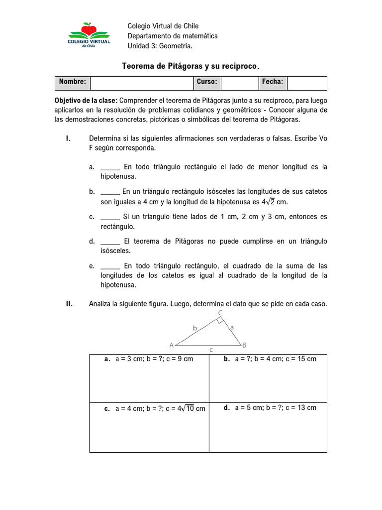 014 u3 8b Matemática Practico Teorema de Pitágoras y Su Recíproco | PDF ...