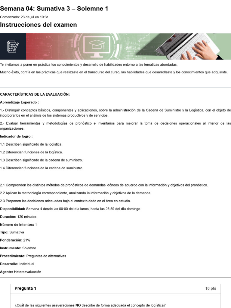 Examen - Semana 04 - Sumativa 3 - Solemne 1 | PDF | Gestión de la cadena de suministro | Logística