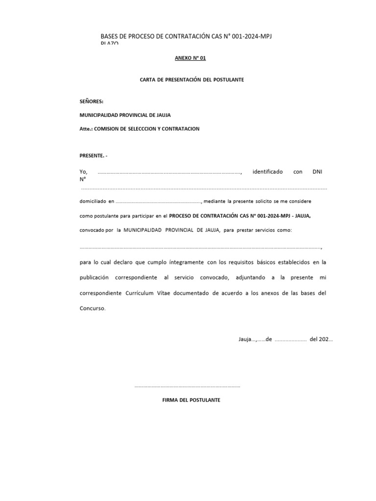 Anexos de La Convocatoria Cas #001-2024 | PDF | Documento de identidad
