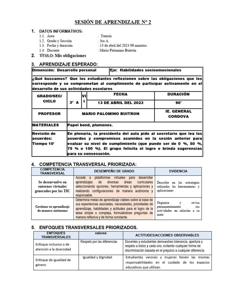 SESIÓN de APRENDIZAJE de Tutoria 1er Bimestre | PDF | Aprendizaje | Maestros