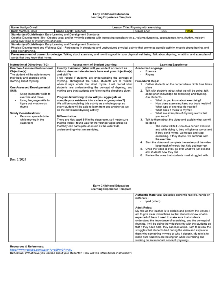 Movement and Dance Lesson Plan | PDF | Preschool | Learning