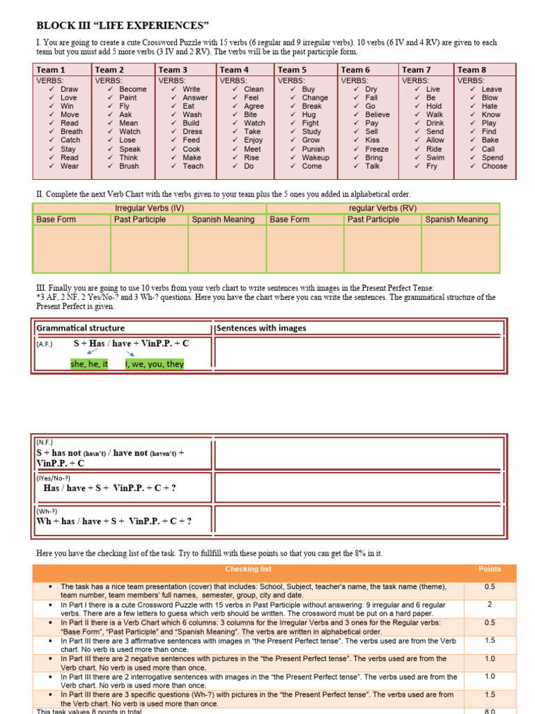 BLOCK III Crossword Puzzle and sentences in Present Perfect, 2024 | PDF ...