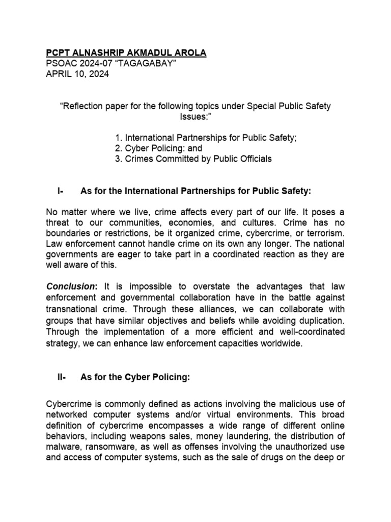Public Safety Issues Reflection | PDF | Cybercrime | Crimes