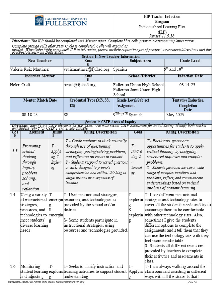 Ilp Form Primer Semestre | PDF | Learning | Teachers