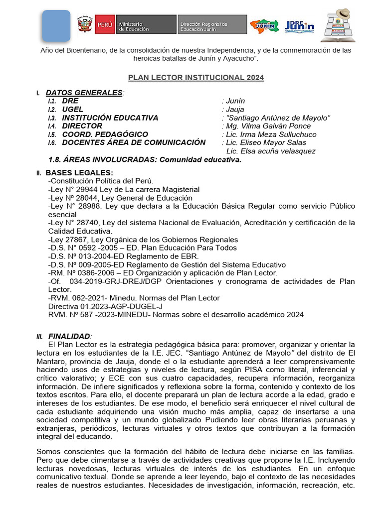 PLAN LECTOR 2024 | PDF | Educación primaria | Maestros