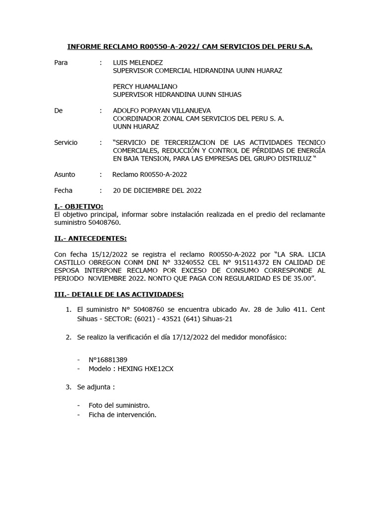 Informe Reclamo R00550-A-2022 | PDF