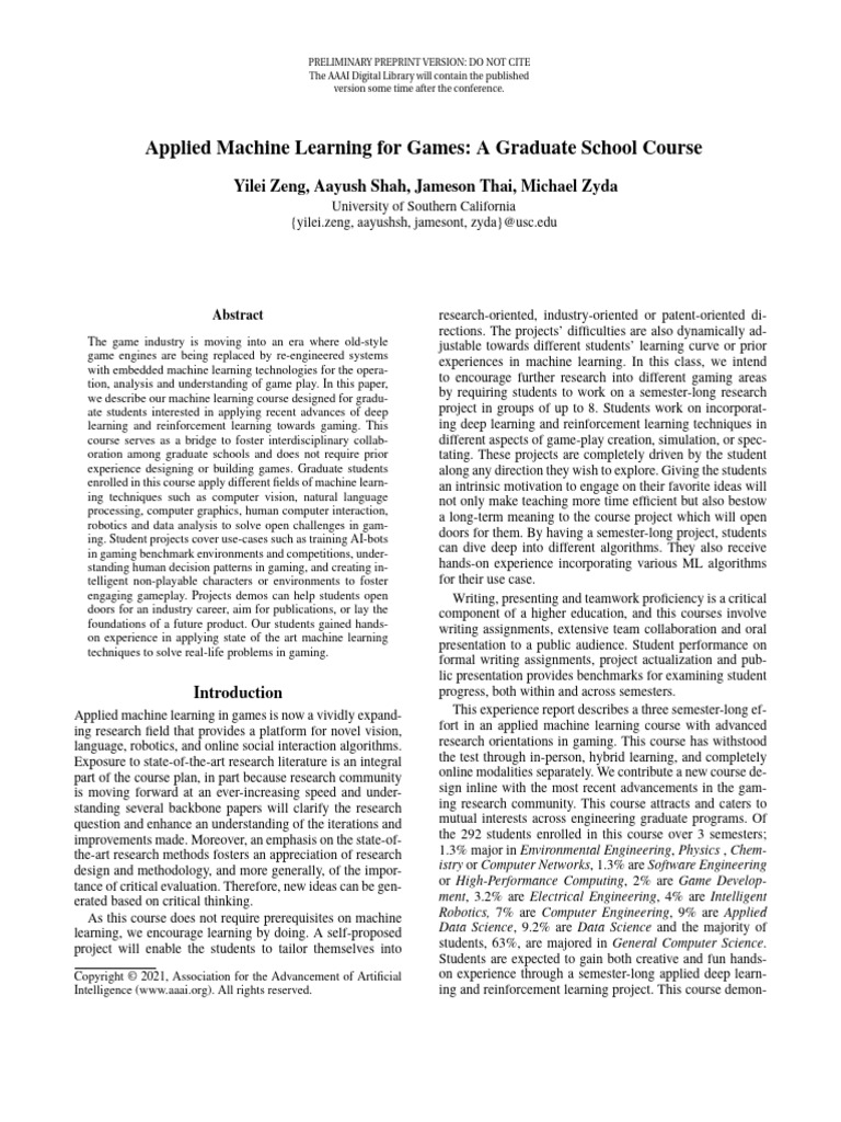 Applied Machine Learning For Games A Graduate School Course | PDF ...