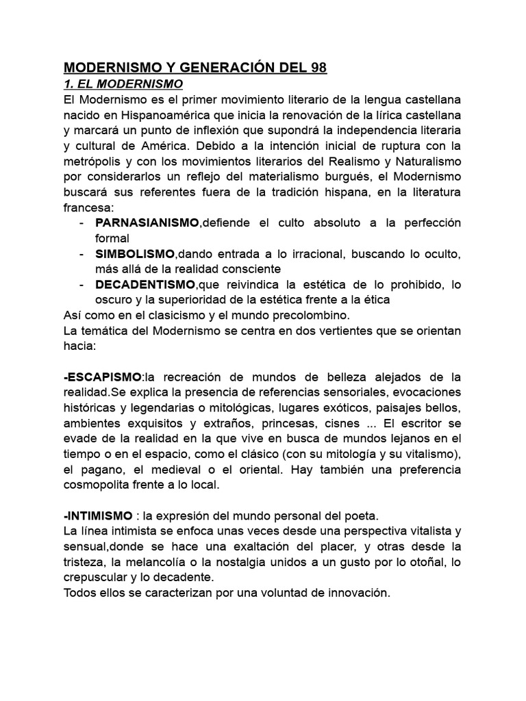 Modernismo y Generacion Del 98 | PDF | Novelas
