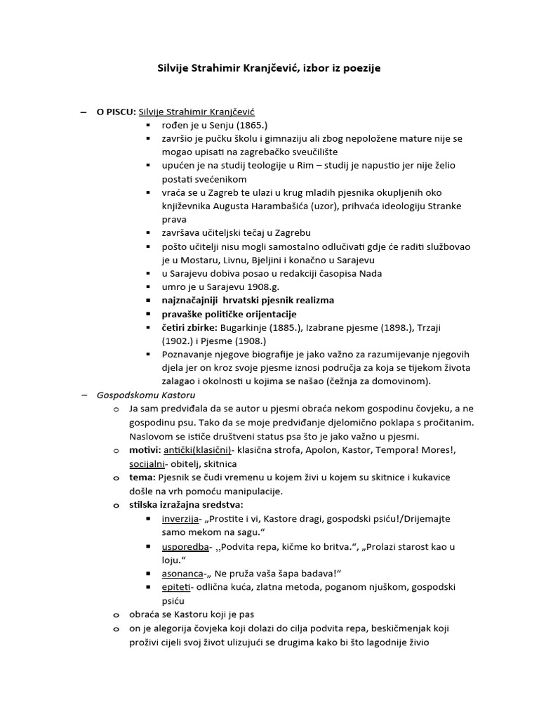Silvije Strahimir Kranjčević, Izbor Iz Poezije | PDF