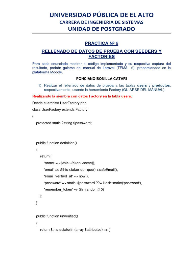 Practica 6 Seeders y Factories | PDF | Tecnologías de la información | Datos de computadora