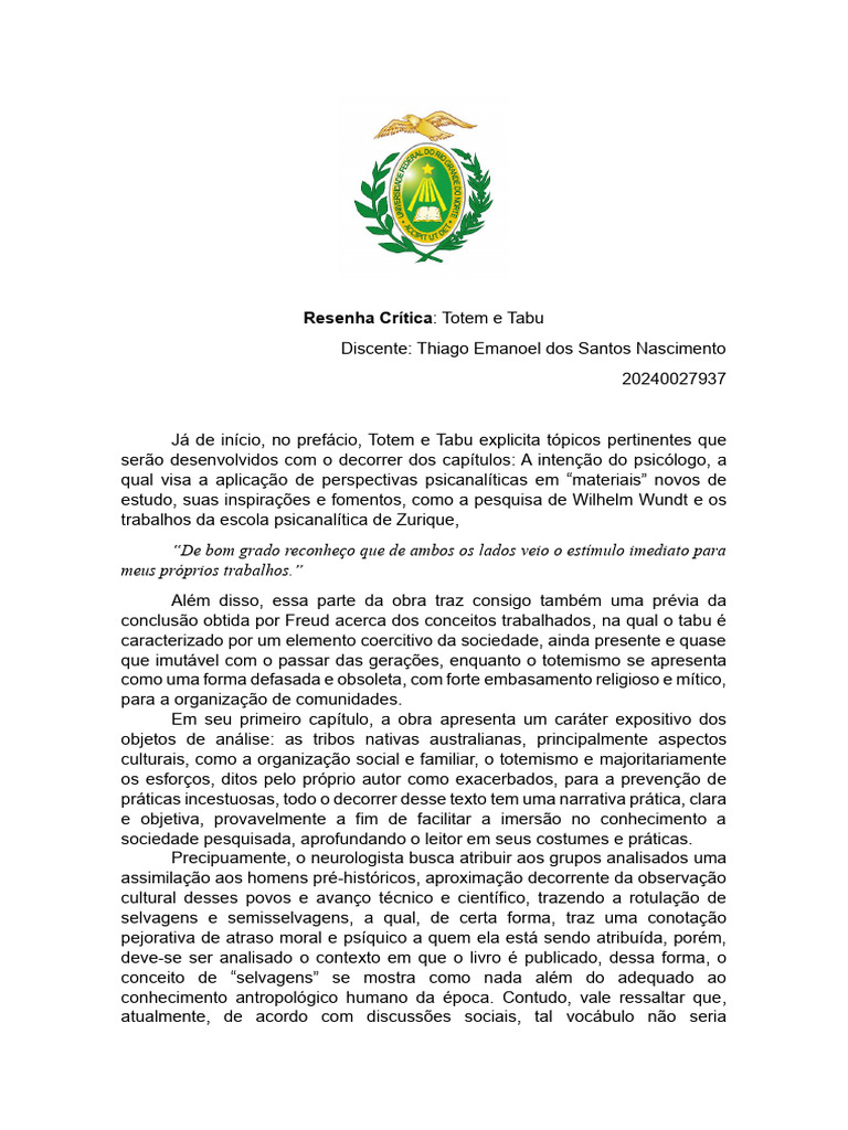 Resenha Crítica-Totem e Tabu-Thiago Emanoel-Sociologia e Antropologia Geral | PDF | Sigmund ...
