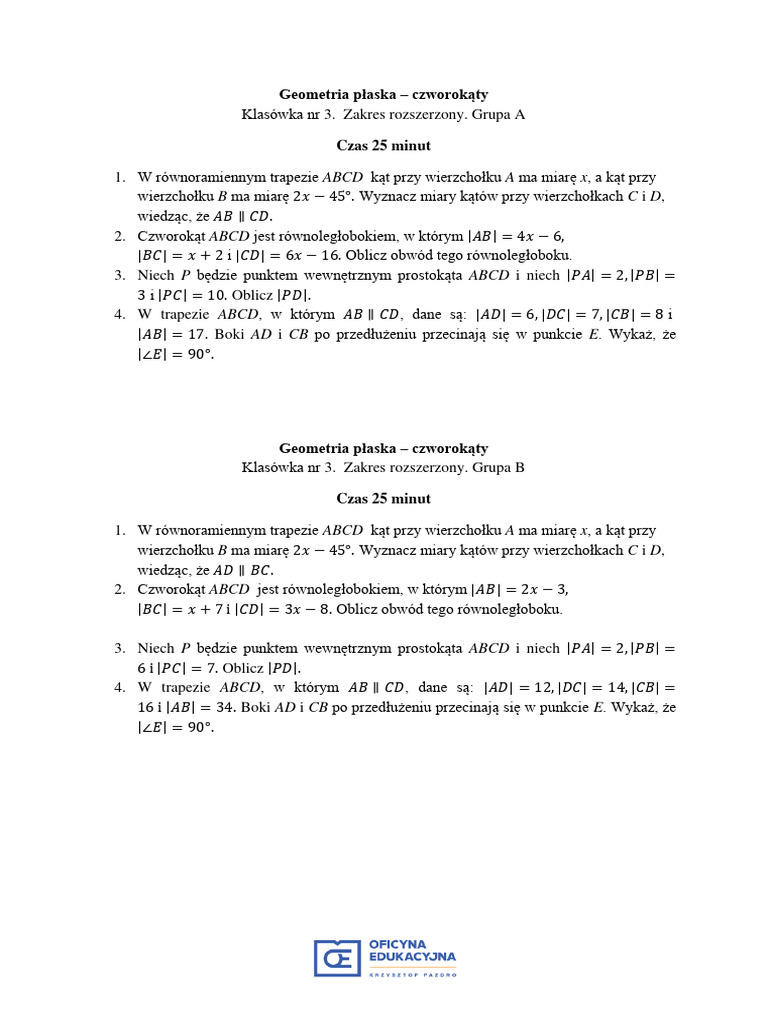 2021 3 Klasowka kl3 Geometria Plaska Czworokaty ZR Ab | PDF