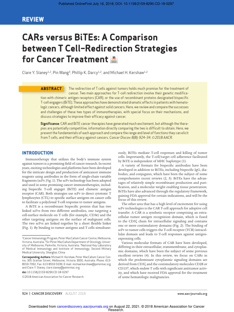CARs Versus BiTEs - A Comparison Between T Cell-Redirection Strategies ...