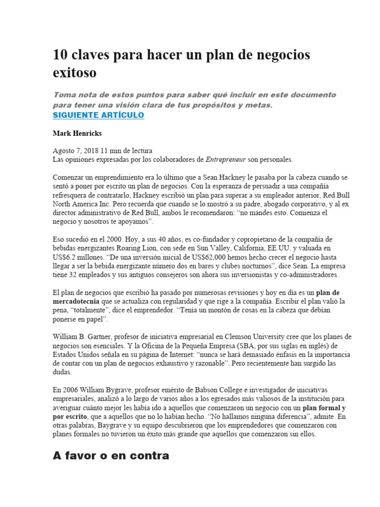 10 Claves para un Plan de Negocios Exitoso | PDF | Plan de negocios ...