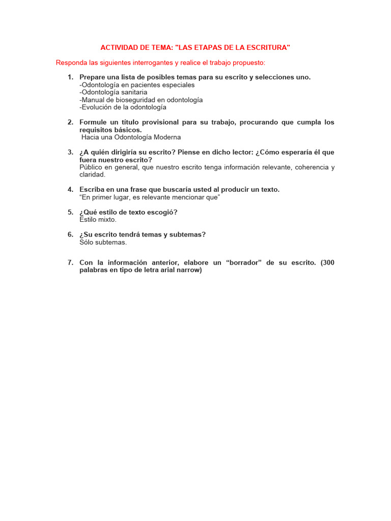 ACTIVIDAD DE TEMA las etapas de la escritura | PDF | Odontología | Diente
