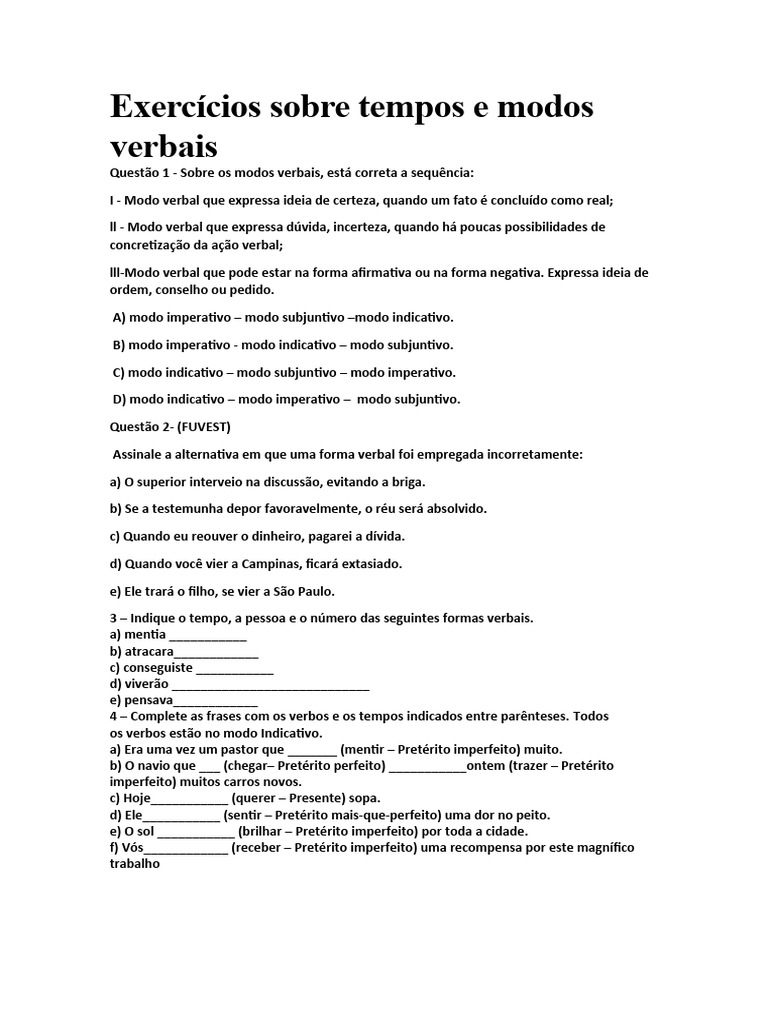 Exercícios Sobre Tempos e Modos Verbais | PDF