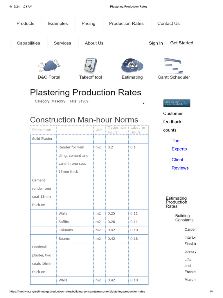 Plastering Production Rates Guide | PDF | Wall | Architectural Elements