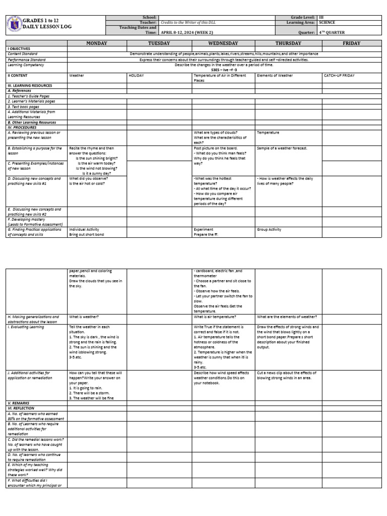 DLL - Science 3 - Q4 - W2 | PDF | Weather | Wound