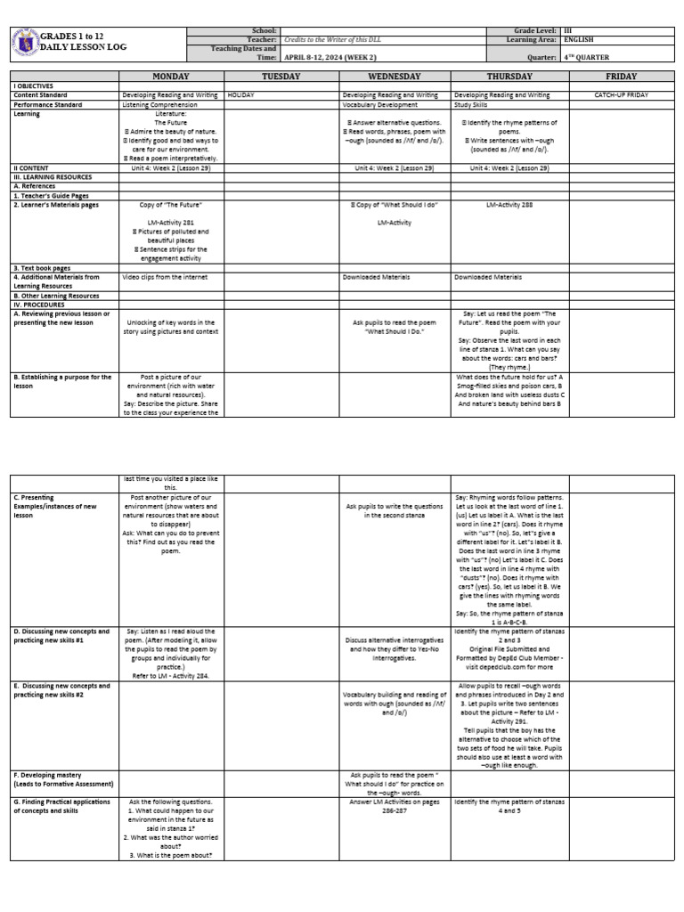 Weekly English Lesson Plan for Grades 3 | PDF | Poetry | Reading ...