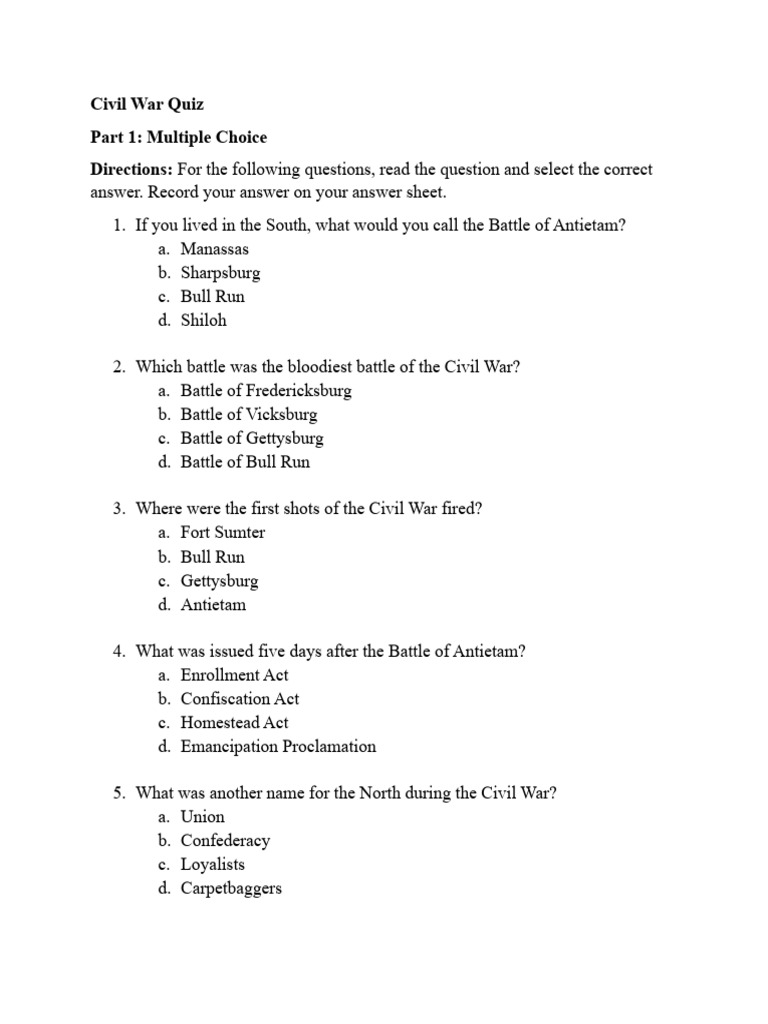 civil war exam | PDF | American Civil War | Battle Of Gettysburg