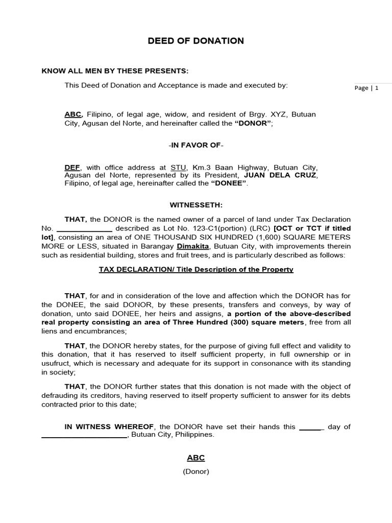 Deed of Donation and Acceptance Template | PDF | Civil Law (Common Law ...