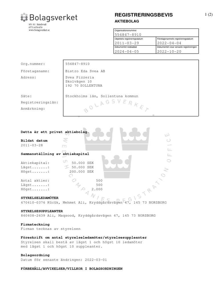 Registreringsbevis - 556847-8910 | PDF