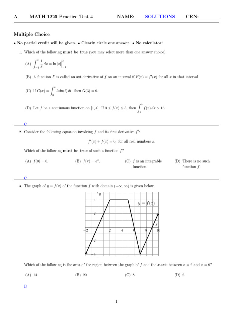 VersionA 1225 Test4 Final Answers | PDF | Function (Mathematics) | Integral