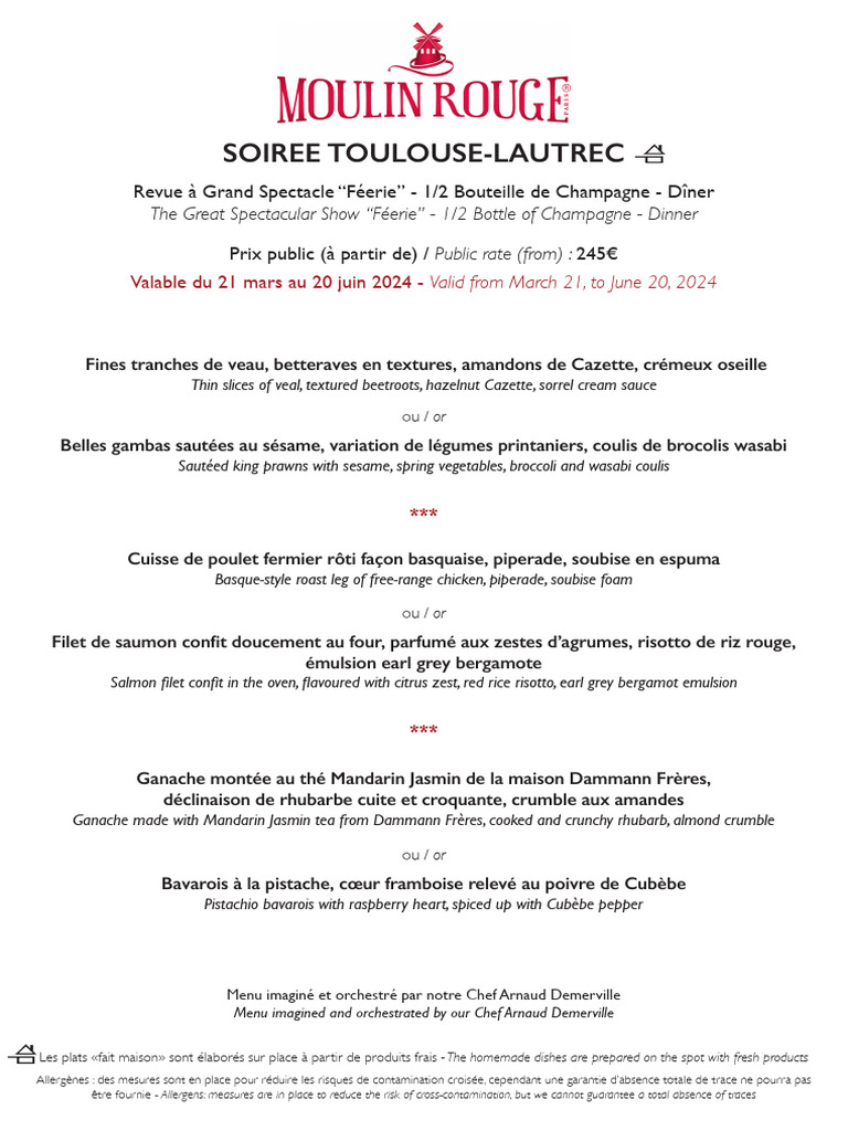 Menu Toulouse-Lautrec 2024 au Moulin Rouge | PDF | Nourritures ...
