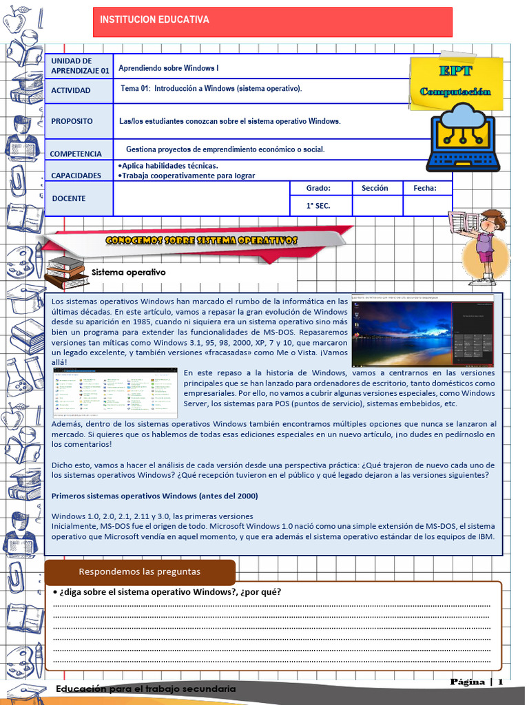 1°y2° EPT. COMPUTACION FICHA ACTV 01.UNIDAD 01 | PDF | Archivo de computadora | Microsoft Windows