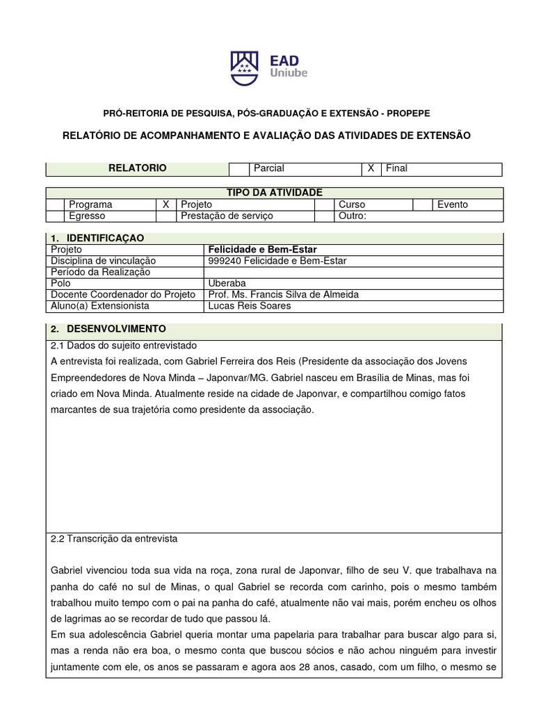ATIVIDADE - 2 - Modelo - de - Relat - Rio (1) Lucas | PDF | Vida | Empreendedorismo