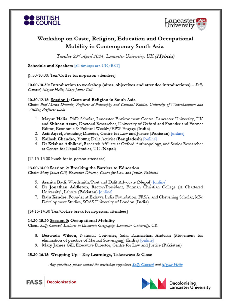 Workshop Schedule Caste, Religion, Education, Mobility LU 23April2024 ...