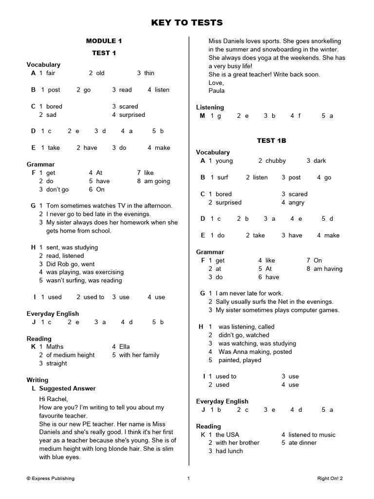 Right On 2 Tests KEY | PDF