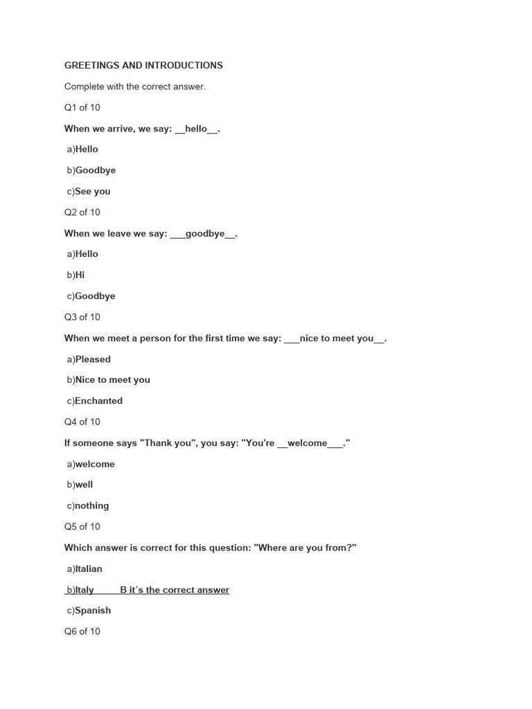 Greetings and Introductions Quiz | PDF