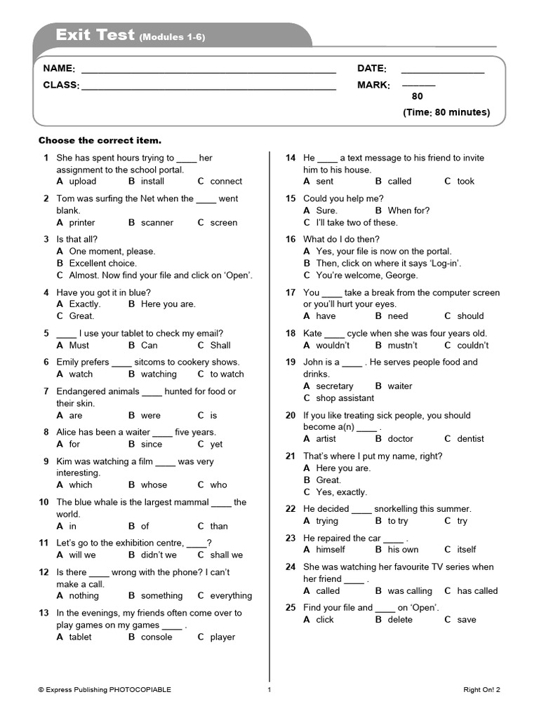 Right On! 2 Exit Test Overview | PDF