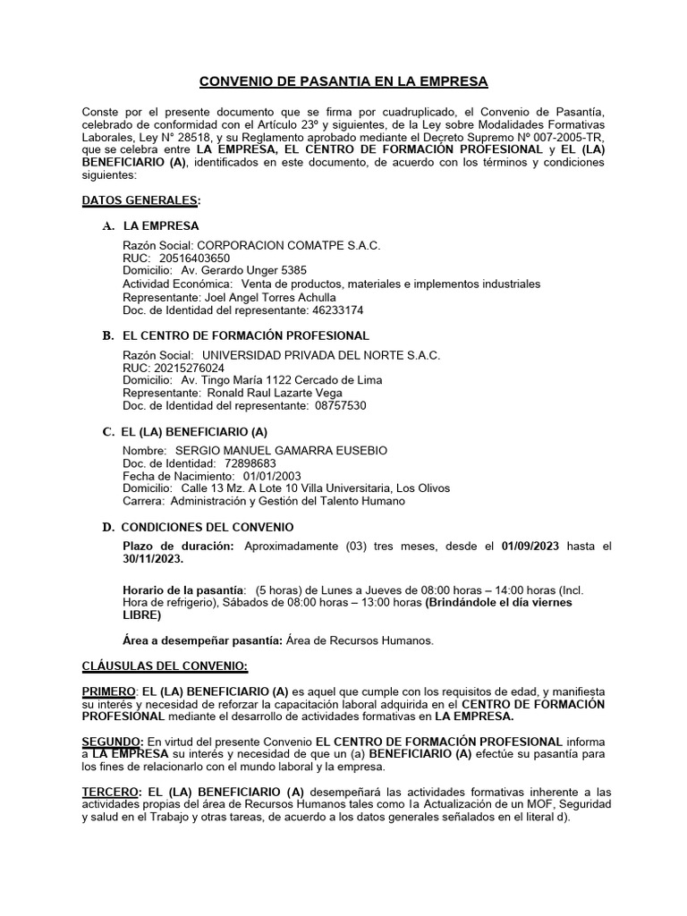 Modelo de Convenio de Pasantía | PDF | Business | Desarrollo profesional